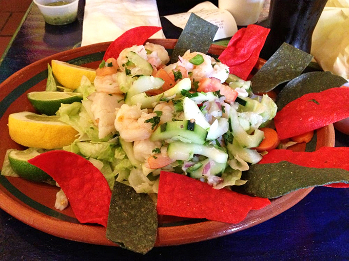 This isn't just a salad&mdash;it's a refreshing intermission between acts of delicious excess. Those colorful chips are the backup dancers to the ceviche star.