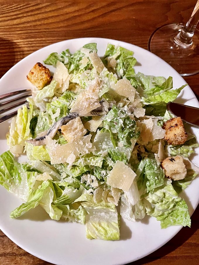 A Caesar salad that stands at attention &ndash; crisp romaine soldiers lined up with perfect shavings of parmesan and crunchy crouton companions.
