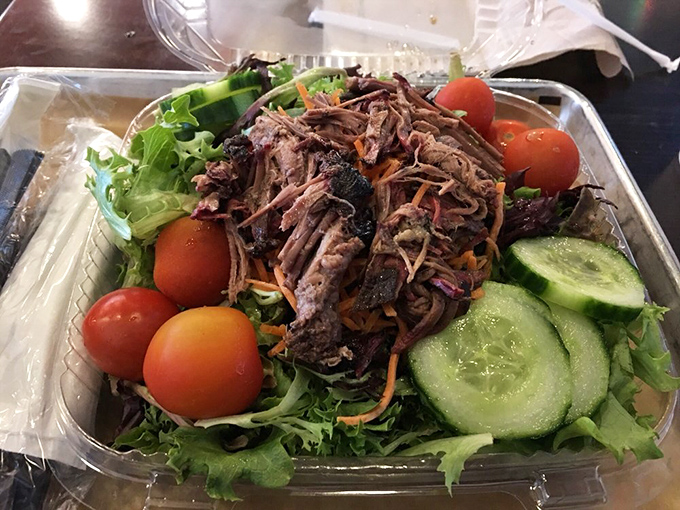 Even the salads get the smoke treatment. When your greens come topped with barbecue, you can tell your doctor you're eating balanced meals.