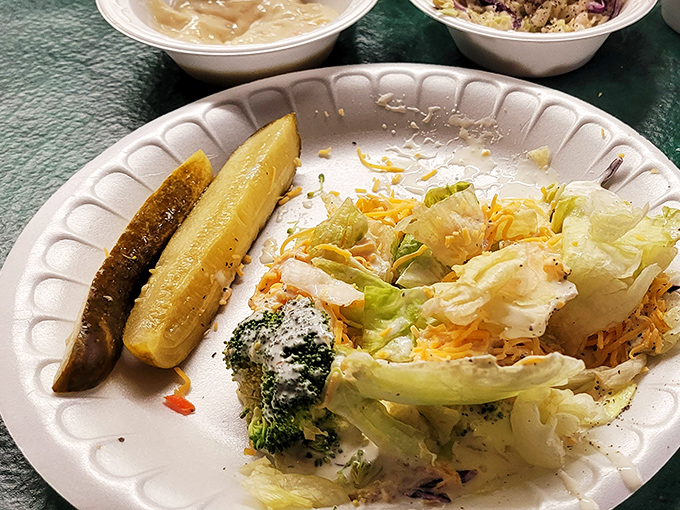 The salad bar offerings provide the illusion of virtue before your inevitable return to the fried seafood section for "just one more piece."