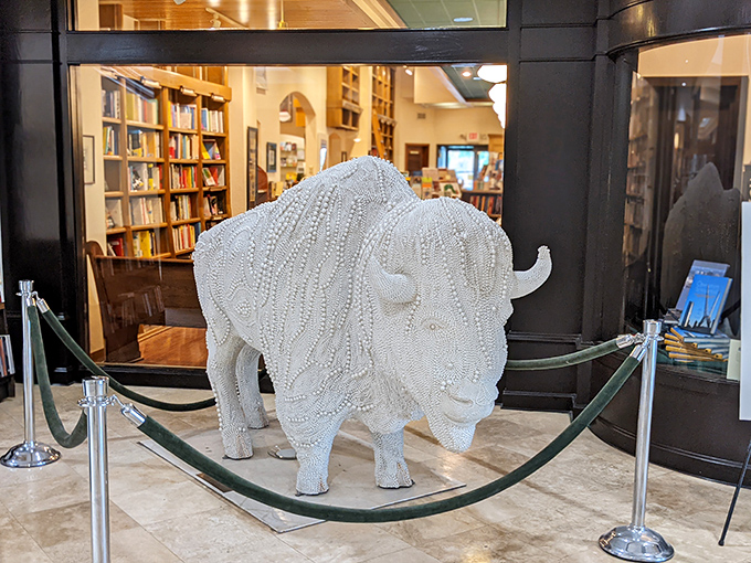 A beaded white buffalo sculpture stands guard at the entrance&mdash;a fitting sentinel for this literary oasis in Oklahoma City.