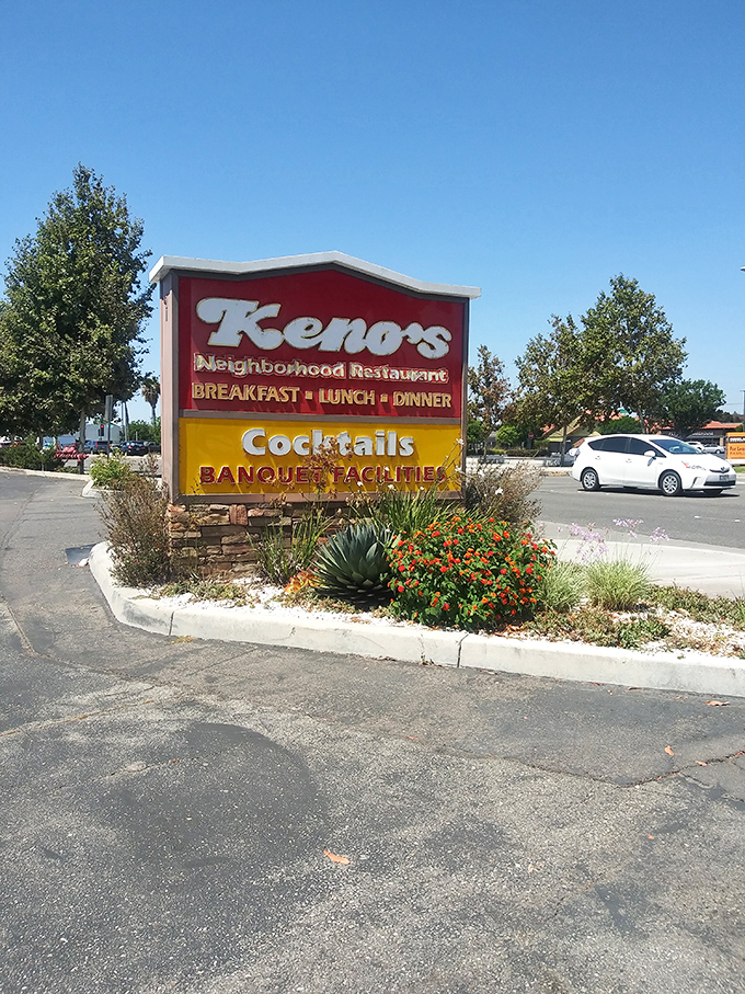 The roadside sign announces "Keno's" like an old friend waving you in for breakfast, lunch, dinner, and even cocktails.