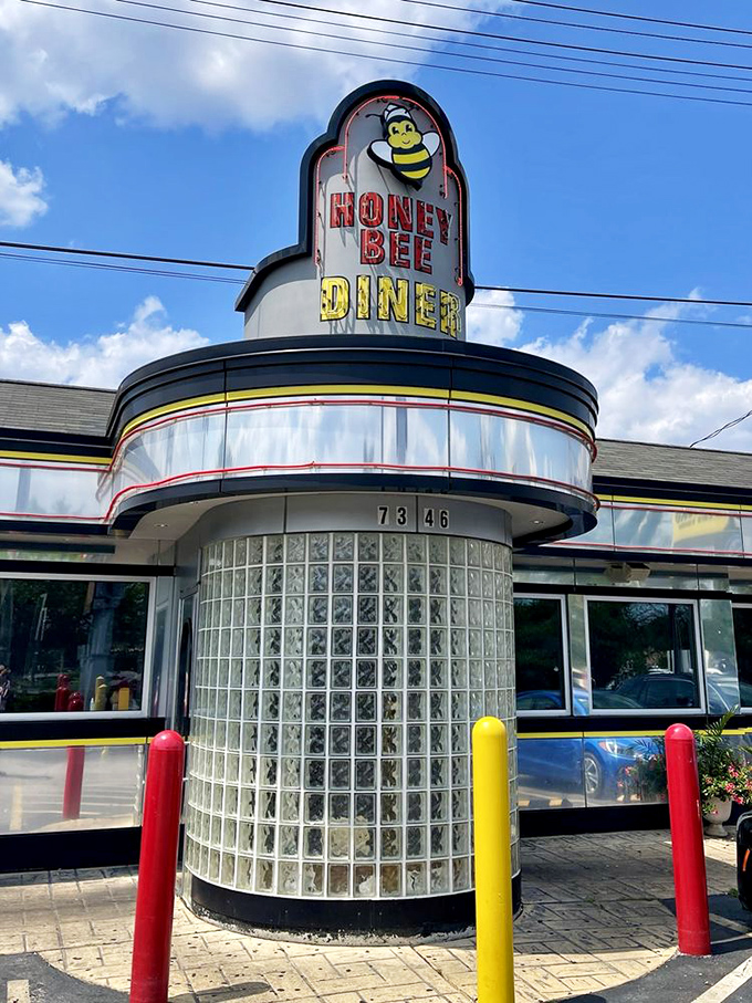 Sunshine reveals the diner's architectural personality&mdash;glass blocks and curved corners that scream "mid-century modern meets breakfast all day!"