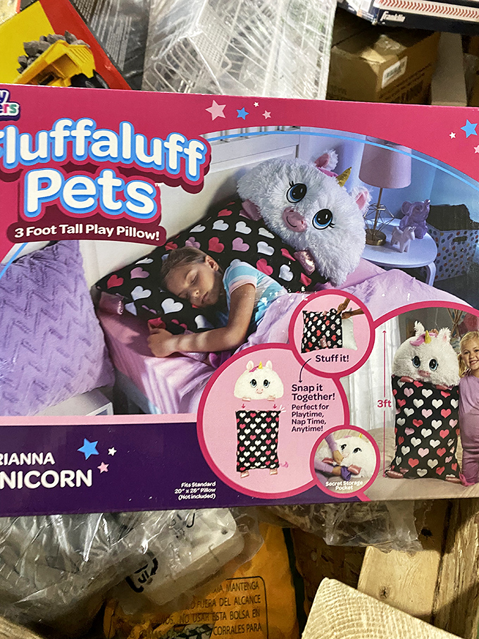 Childhood magic in retail form! This three-foot unicorn pillow combines stuffed animal and nap accessory in one irresistibly fluffy package.