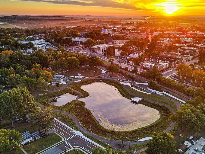 From above, Newark reveals itself as a perfect blend of green spaces and historic architecture, a small town with outsized charm.