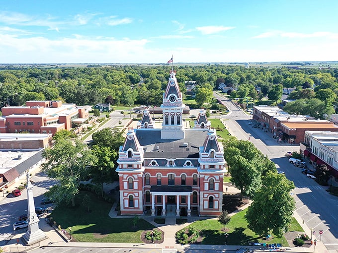 From above, Pontiac reveals itself as a perfect small-town grid with the courthouse as its crown jewel, surrounded by the kind of greenery city dwellers dream about.