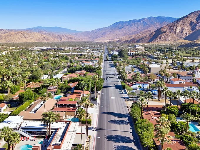From above, Palm Springs reveals its perfect grid, a desert oasis of blue pools and green palms defying the surrounding landscape.