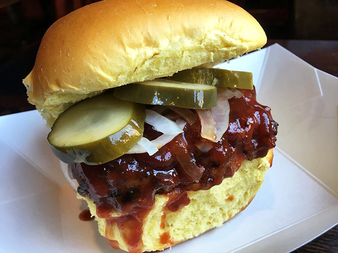 A sandwich that answers the eternal question: "How can I get more barbecue into my face more efficiently?" The pickle provides crucial acid balance.