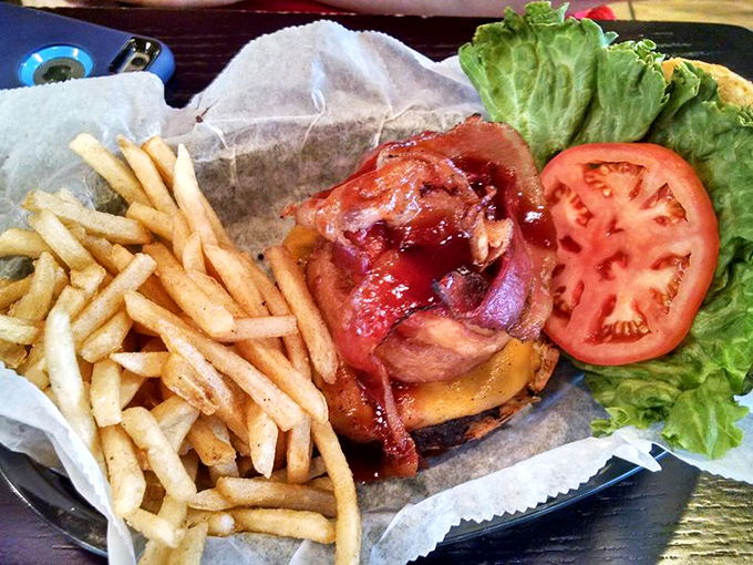 A dining room filled with the universal language of barbecue appreciation &ndash; notice nobody's looking at their phones. 