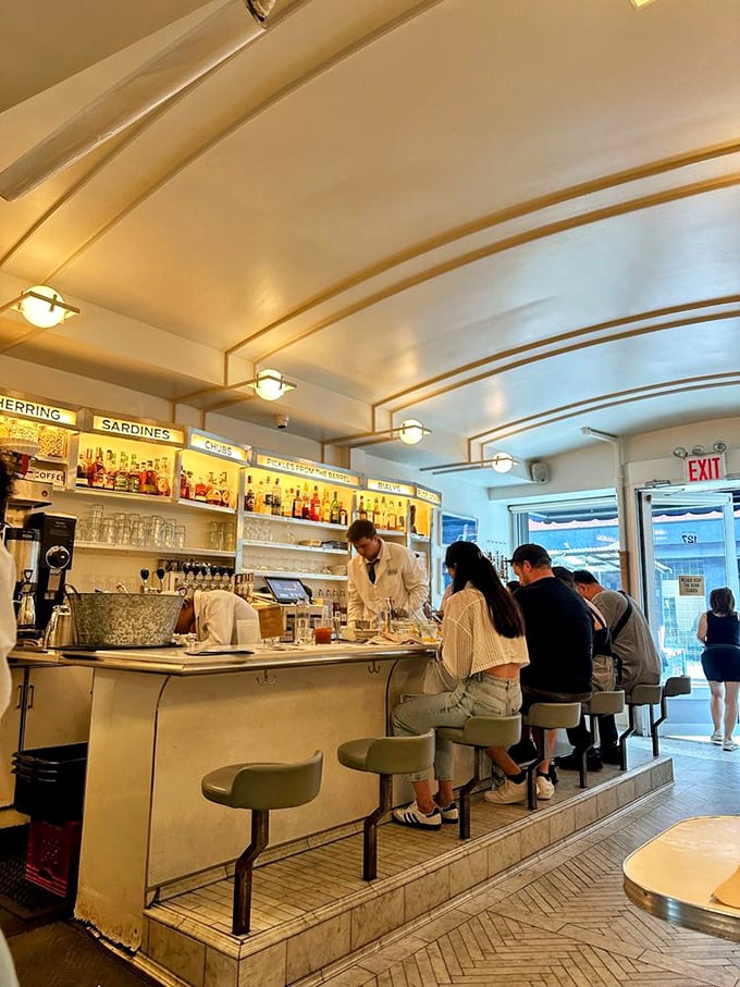 The counter seating offers front-row tickets to the culinary show &ndash; where white-coated servers orchestrate the daily symphonies of appetizing.