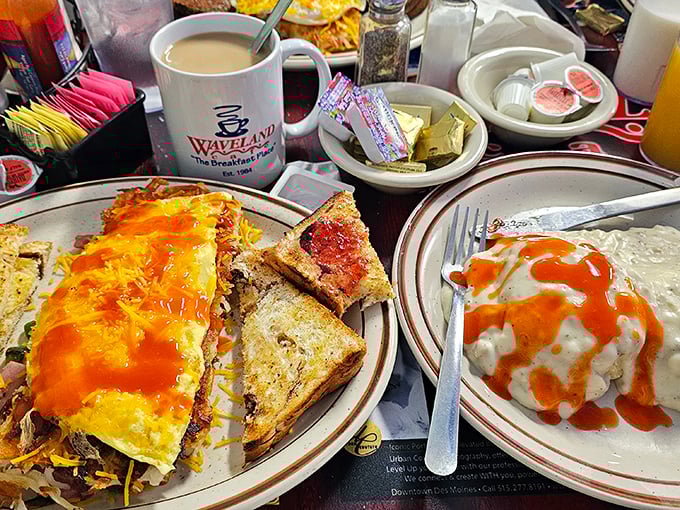 The checkerboard of cheese atop hash browns—proof that sometimes the most beautiful art is found on a diner plate.