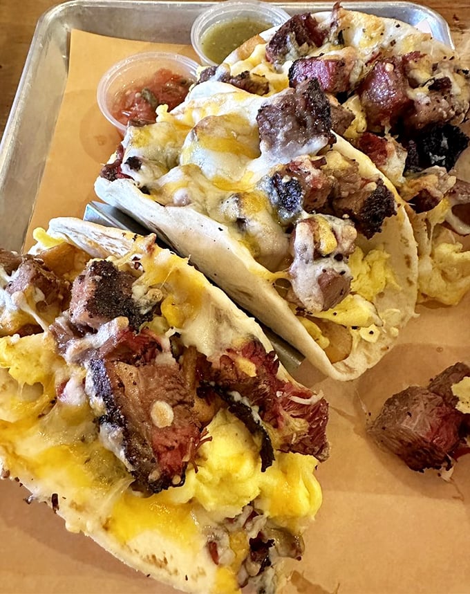 Breakfast tacos that make you question why eggs and brisket aren't always together. Like reuniting soulmates who never should have been apart.