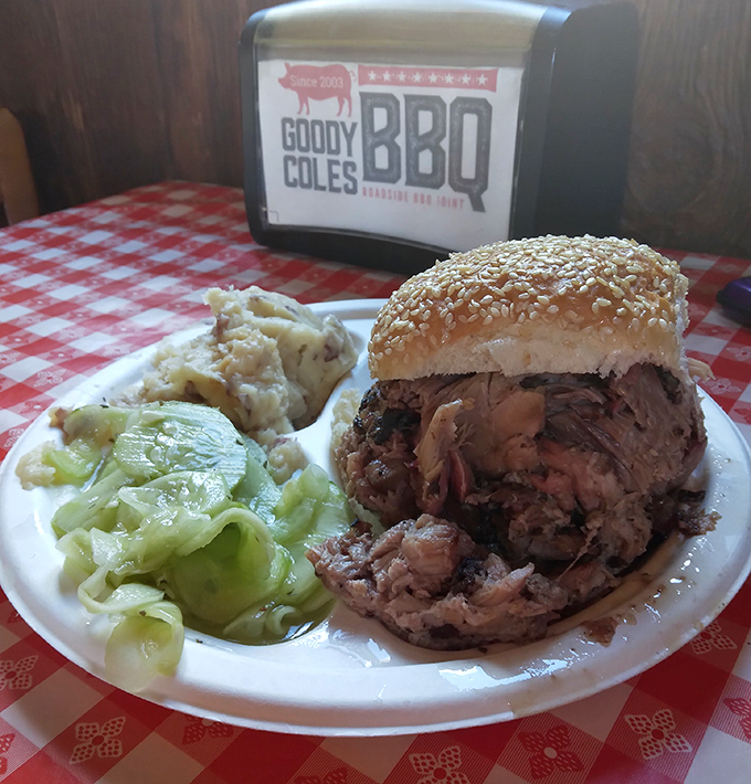 A pulled pork sandwich so generously stuffed it requires strategic planning to eat. The potato salad and slaw provide welcome contrast.