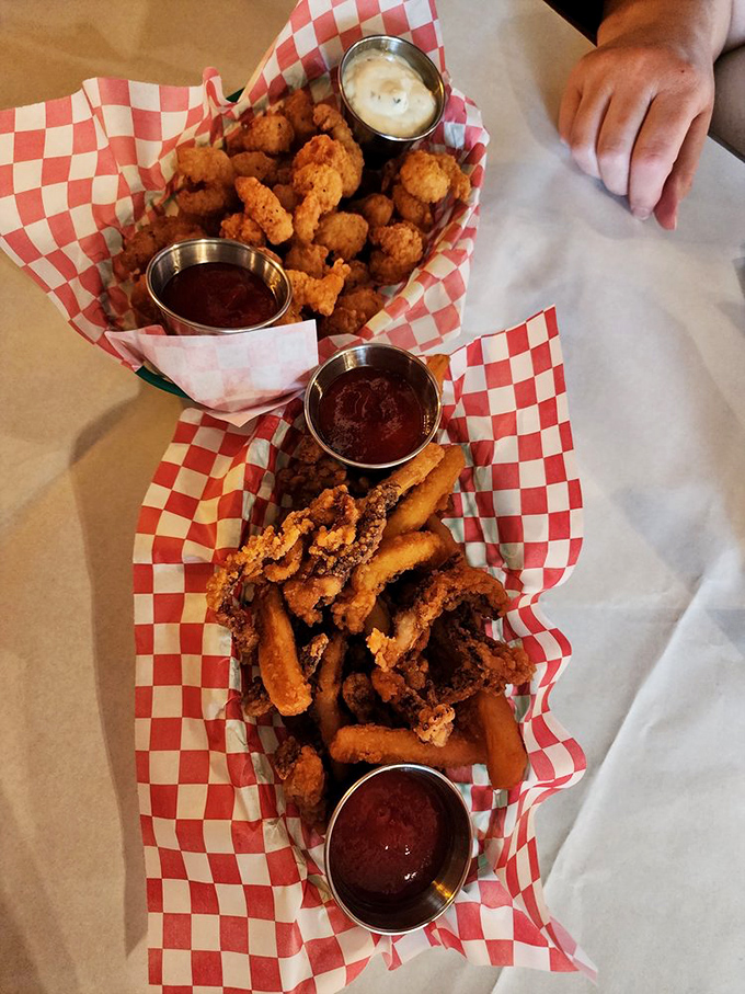 Crispy calamari and popcorn shrimp with dipping sauces. Proof that sometimes the best seafood doesn't require a nutcracker.