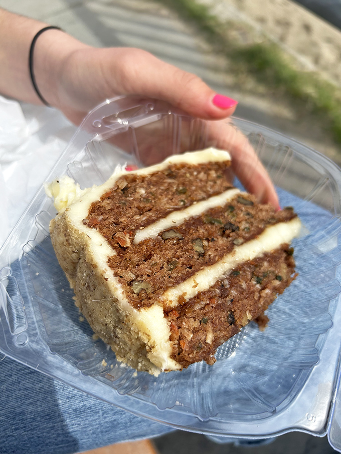 Carrot cake: the sweet finale to a seafood symphony. After conquering the ocean's bounty, reward yourself with this layered slice of heaven.