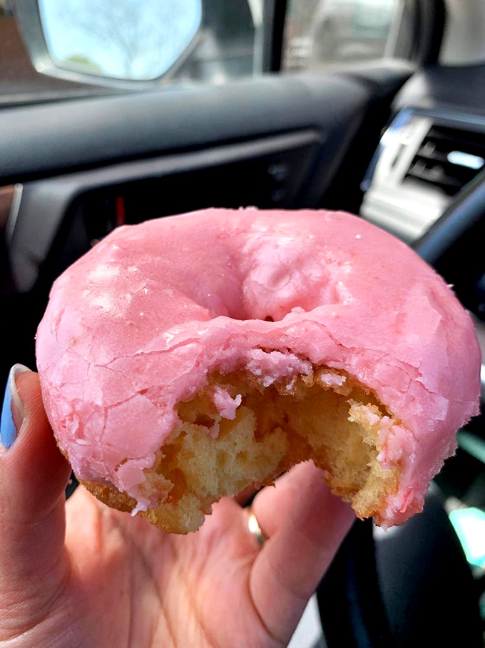 That perfect first bite moment&mdash;when the slightly crunchy exterior gives way to pillowy cake beneath its candied pink armor.