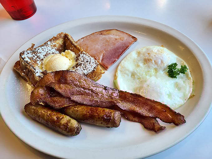 The breakfast trinity&mdash;French toast, eggs, and bacon&mdash;proving that sometimes the classics become classics for very good reasons.