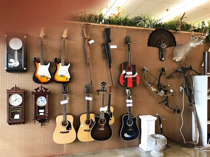 Wall-mounted treasures including guitars, timepieces, and taxidermy create a distinctly Ozark vibe. That sunburst Stratocaster copy is calling my name!