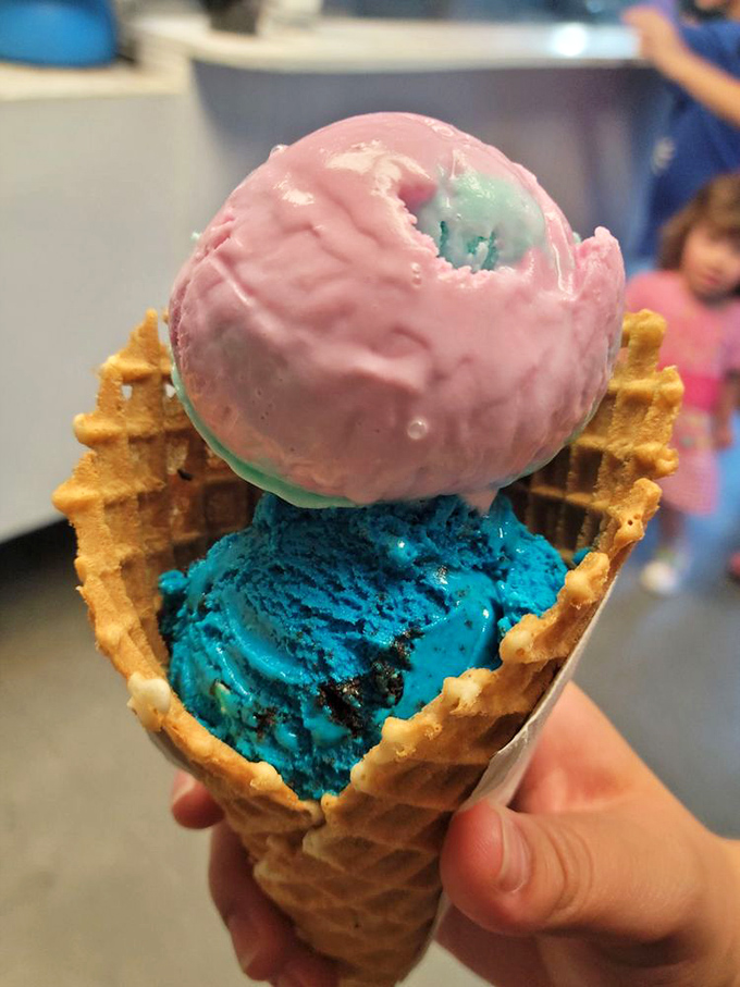 Blue and pink in perfect harmony, like a summer sunset captured in a waffle cone. This isn't just ice cream&mdash;it's edible optimism.
