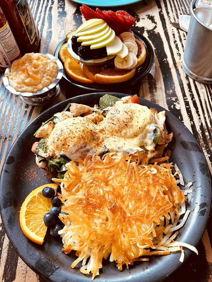 Benedict gets the Maryland treatment with crab and perfectly crispy hash browns&mdash;proof that breakfast and local pride can coexist beautifully on one plate.