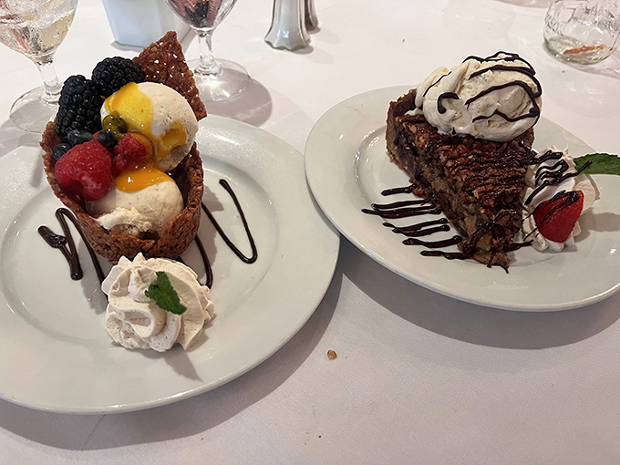 Desserts that make you reconsider saving room&mdash;a praline basket filled with berries and ice cream alongside pecan pie that would make grandma reach for her recipe box.