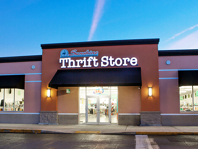 Morning light casts a golden glow on this thrifting paradise. The early bird gets the vintage worm at Sunshine Thrift Store.