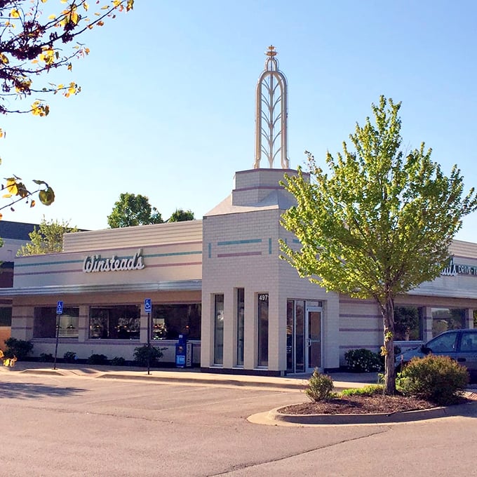 Morning sunshine bathes Winstead's in golden light, promising another day of serving happiness on plates and in glasses across Kansas.