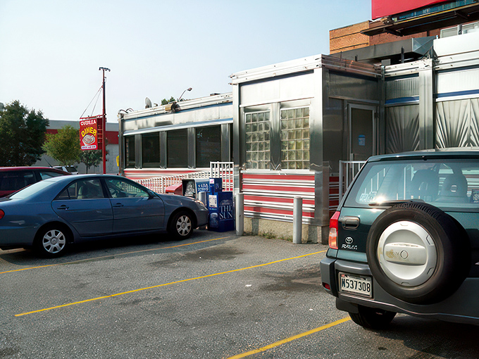 From this angle, the diner looks like it was dropped from the 1950s into modern Baltimore&mdash;a chrome time capsule of American dining culture.