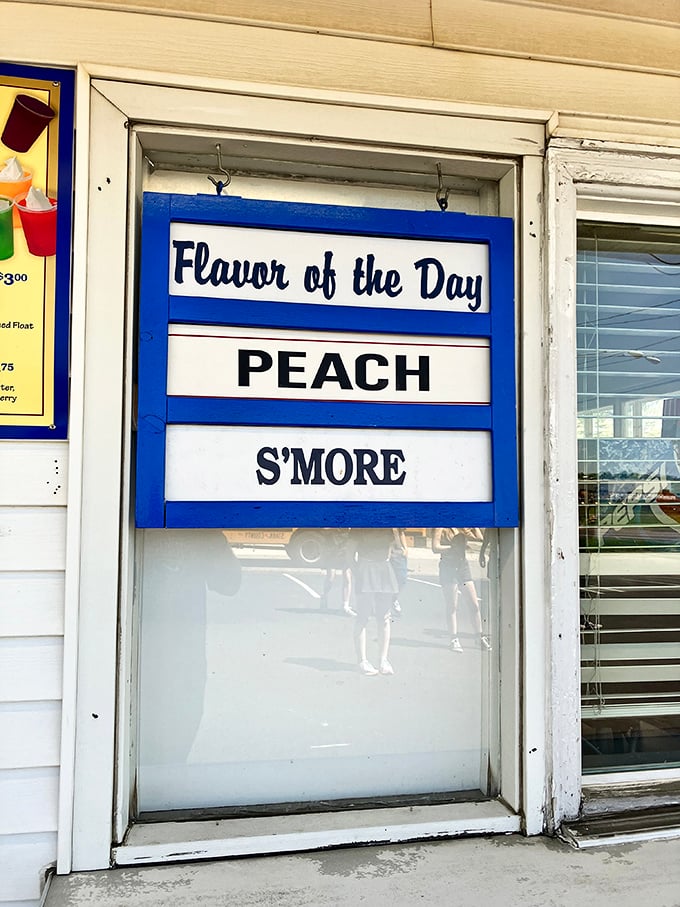 The flavor board announces today's specials: Peach and S'more&mdash;a daily rotation that keeps locals checking social media like it's breaking news.