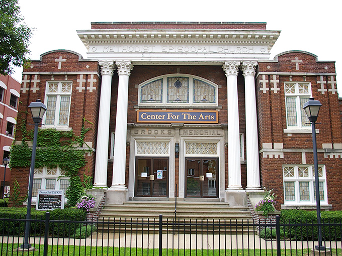 The former Methodist Episcopal Church now serves as the Franke Center for the Arts&mdash;its imposing columns and stained glass windows now frame cultural rather than religious experiences.