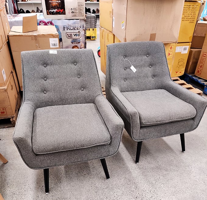 Mid-century modern meets markdown magic in these sleek gray armchairs. Living room sophistication without the sophistication price tag.