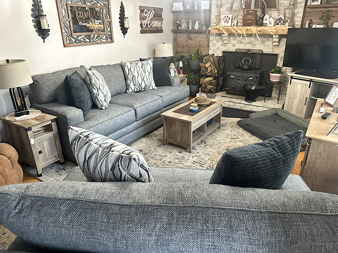 The perfect sectional doesn't exi&mdash; Oh wait, here it is. Paired with rustic accents and a stone fireplace, it's practically begging for a snow day and hot chocolate.