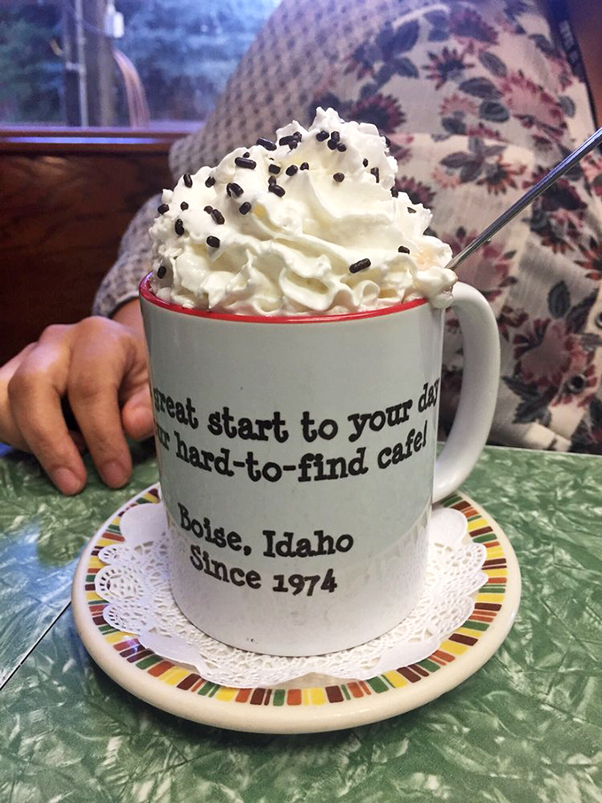 A great start to your day at our hard-to-find cafe. That mug says everything about the Chef's Hut philosophy&mdash;and the whipped cream with sprinkles is just a bonus.