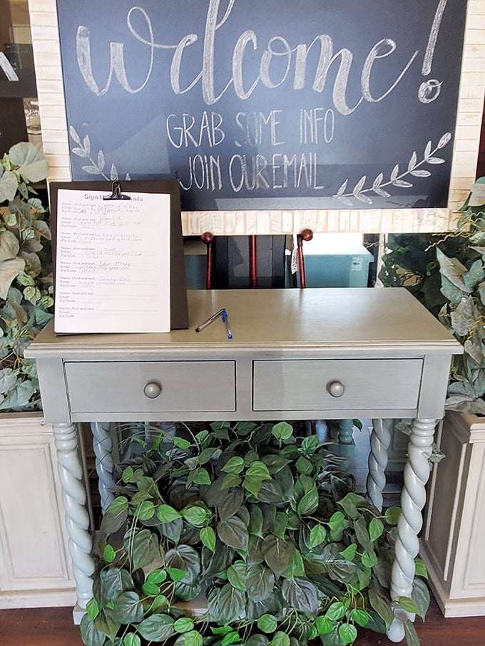 The welcome desk&mdash;where treasure hunts begin and wallets breathe sighs of relief. Adventure awaits just beyond this point.