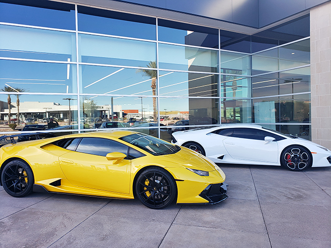 Outside the museum, Italian thoroughbreds await. These Lamborghinis remind us that sometimes the most beautiful cars never see a racetrack at all.