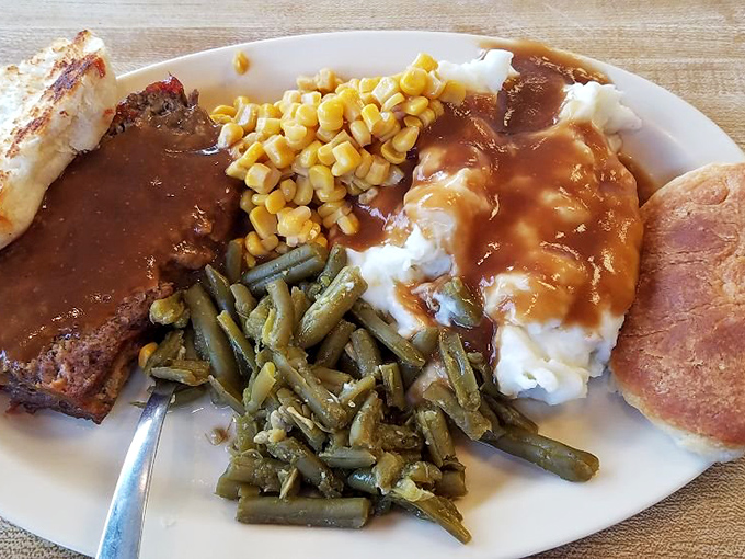 Meatloaf dinner that would make your mother both proud and slightly jealous. This plate represents the PhD of comfort food &ndash; hearty, homey, and harmonious.