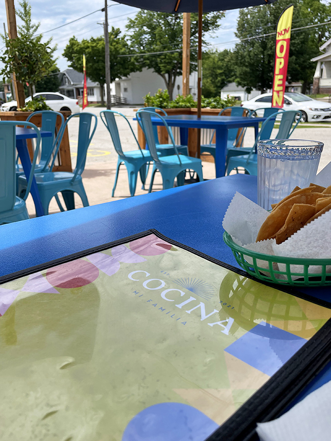 Chip baskets: the universal symbol for "good things are coming." That colorful menu cover promises the same vibrant approach to the food inside.