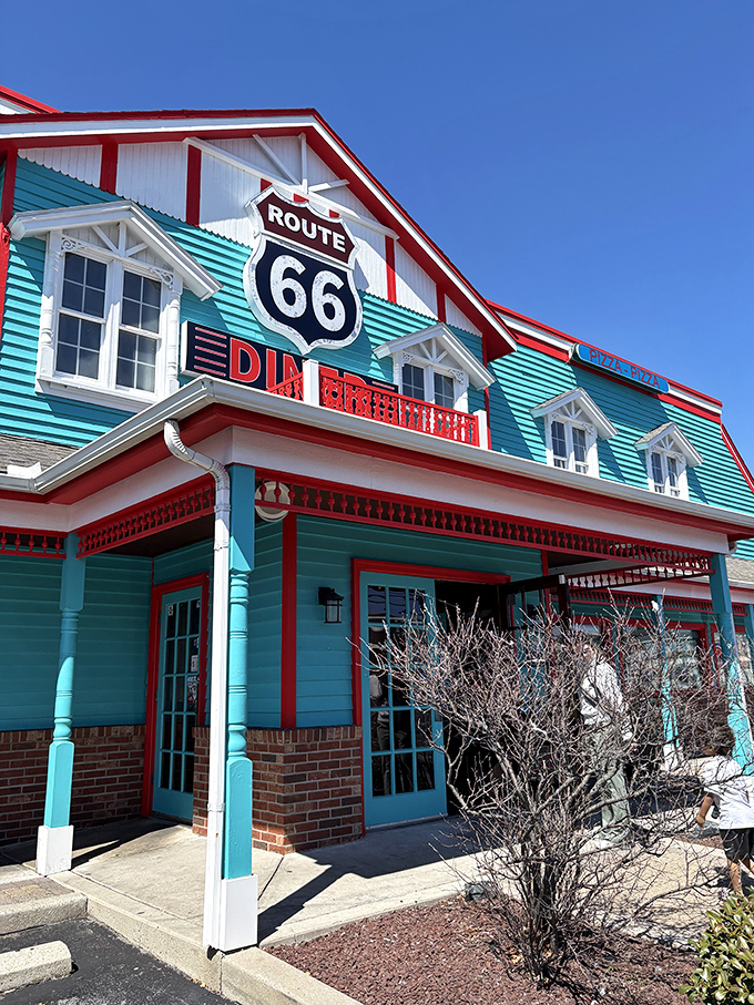 Under clear blue skies, the Route 66 Diner's vibrant exterior pops with color. That turquoise and red combination isn't just paint&mdash;it's an invitation to step back in time.