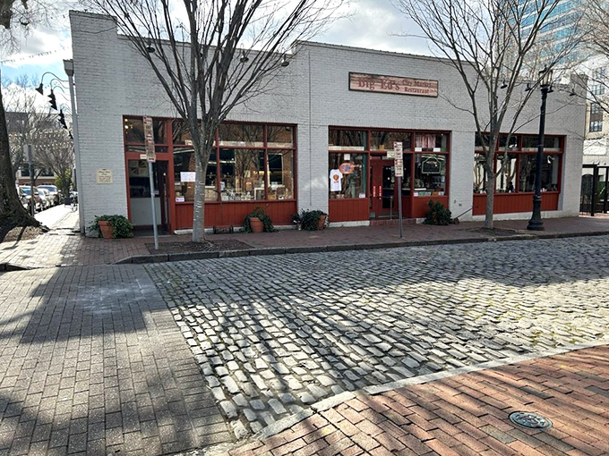 The cobblestone street outside Big Ed's looks like it leads to a simpler time when breakfast was the most important meal of the day.