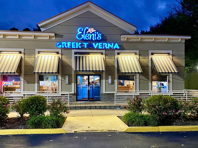 As evening falls, Eleni's glows like a sapphire in the night, a beacon of Mediterranean warmth in suburban Springfield.