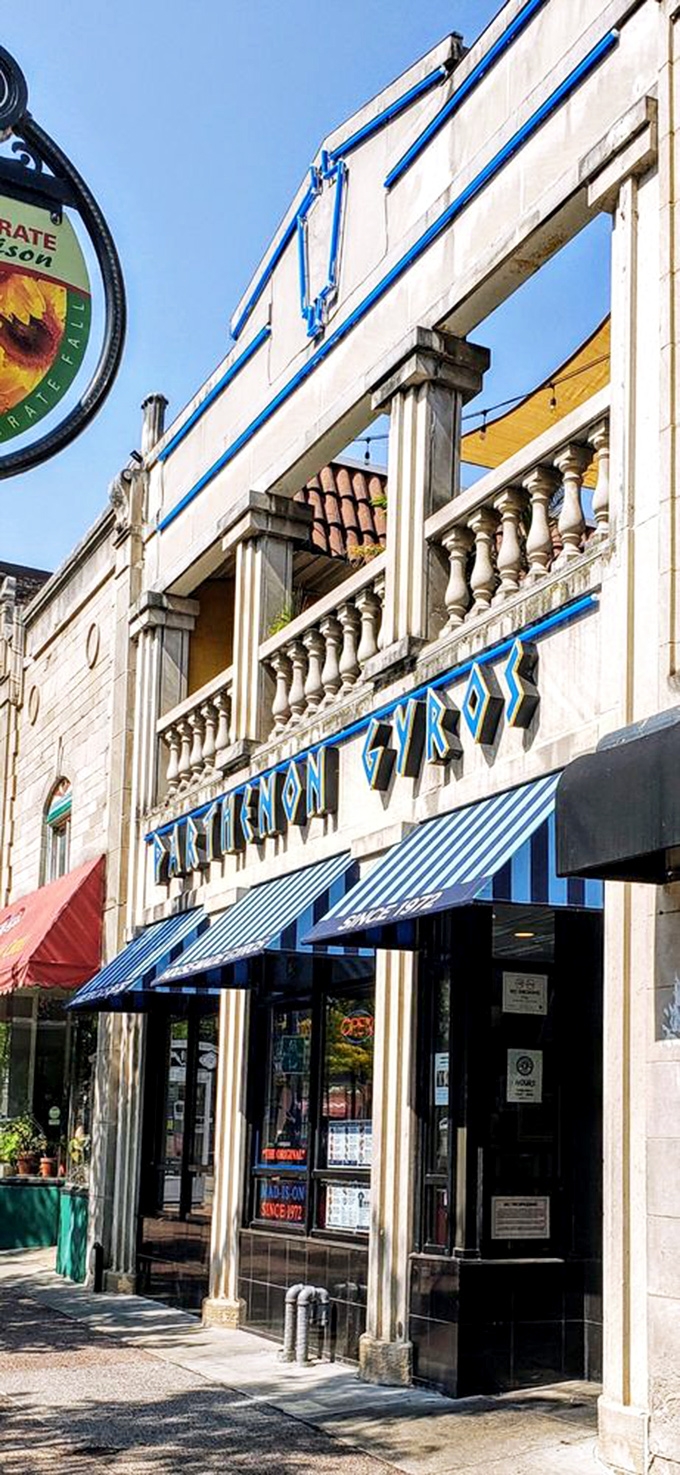 Those distinctive blue awnings and classical columns make Parthenon Gyros an architectural standout on State Street&mdash;Athens by way of Madison.