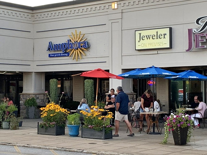 Outdoor dining surrounded by colorful planters&mdash;because Greek food tastes even better with a side of fresh air and people-watching.