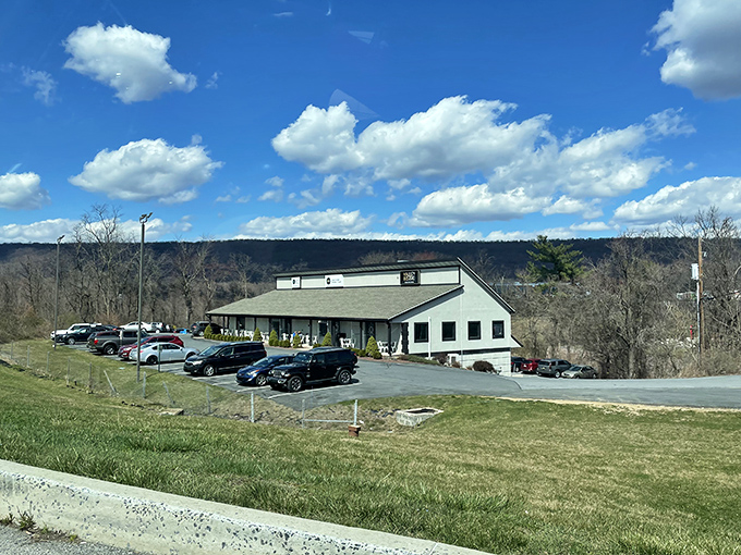 Valley Bistro from a distance&mdash;unassuming royalty on a Pennsylvania hillside. Those filled parking spaces tell the real story.