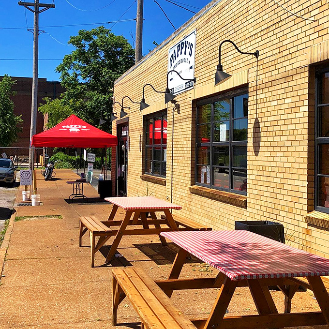 Outside Pappy's, picnic tables stand ready for overflow crowds who don't mind dining al fresco when world-class barbecue is the reward.