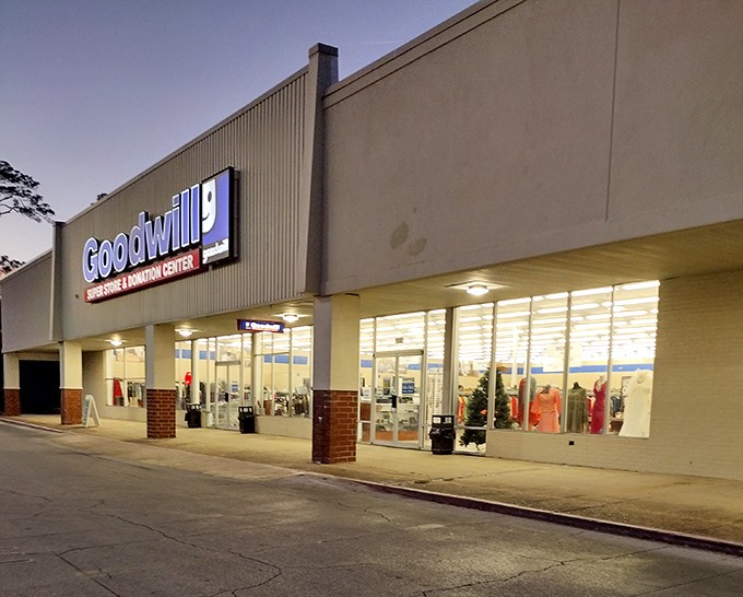 As dusk settles, Goodwill's illuminated storefront stands as a reminder that sustainable shopping doesn't end with daylight, and tomorrow's treasures await discovery.