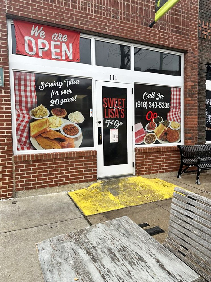 "We are OPEN"&mdash;three beautiful words that promise access to some of Tulsa's finest soul food. That yellow welcome mat might as well be gold.