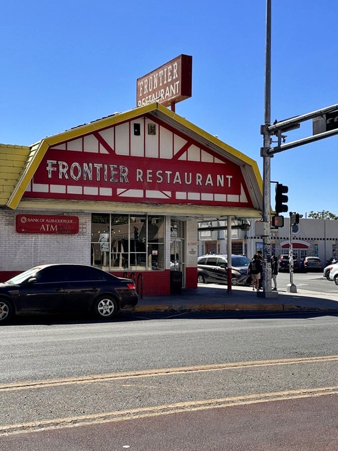 Standing proudly on Central Avenue, Frontier's distinctive architecture serves as a beacon for hungry souls seeking New Mexican comfort food.