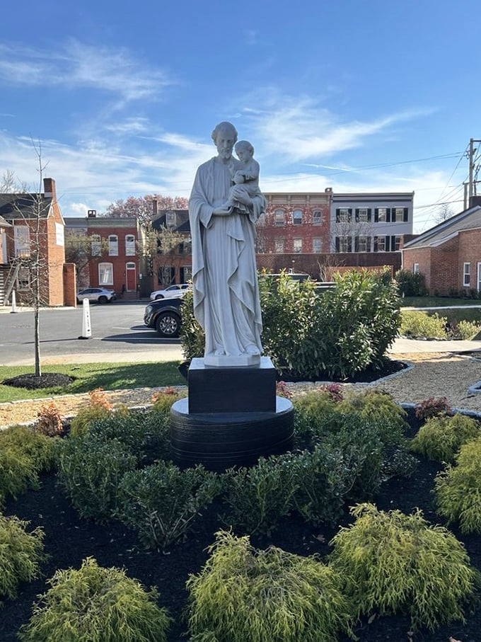 Step outside and you're greeted by Frederick's charm. This statue stands guard, ensuring you return for another memorable meal.