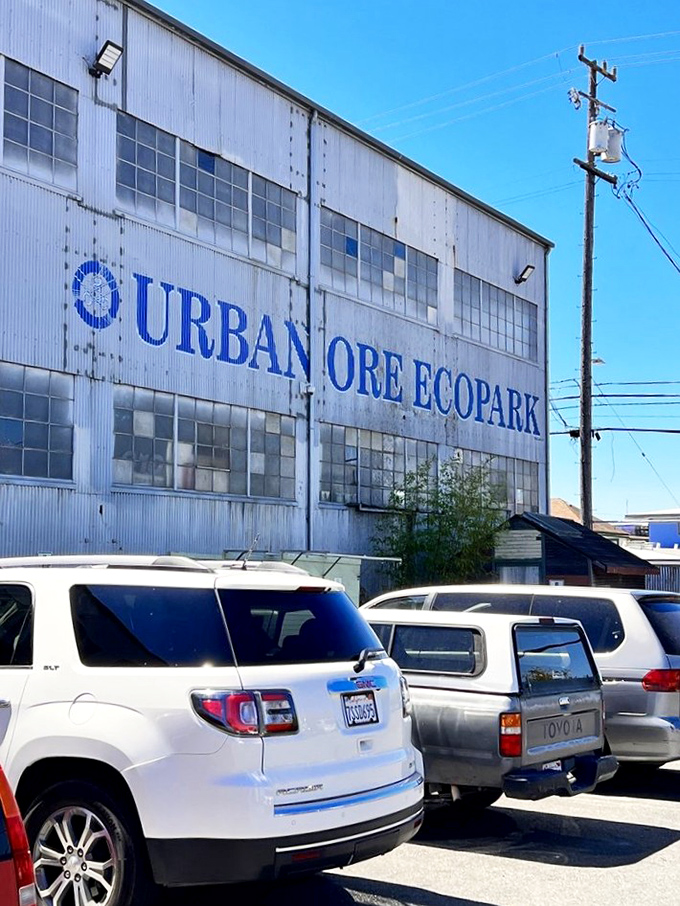 Urban Ore's blue signage stands proud against a California sky, a beacon for sustainability seekers and treasure hunters alike.