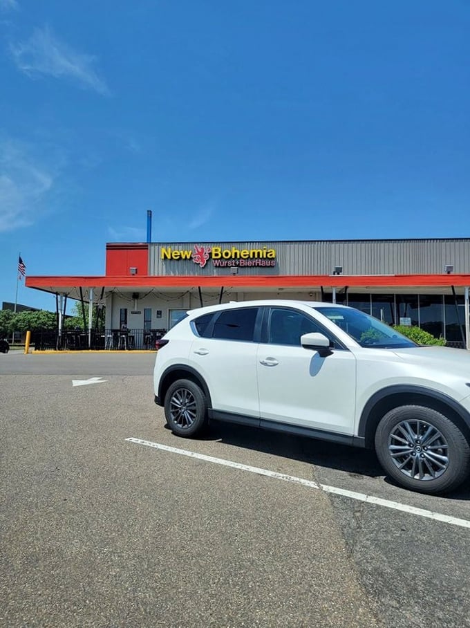 Under Minnesota's impossibly blue sky, New Bohemia's red and gray exterior beckons like a beacon for the bratwurst-deprived.